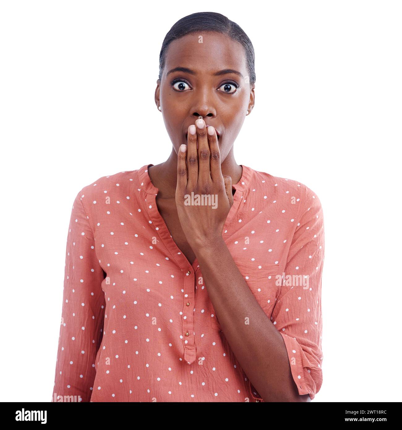 Black woman, portrait and shock with surprise in studio, reaction to ...