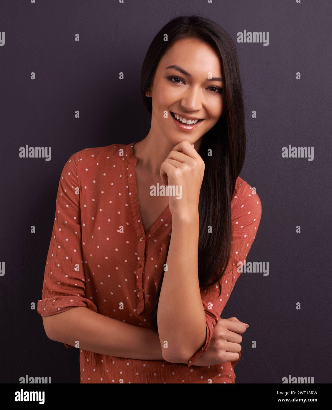 Thinking, smile and portrait of woman with idea in studio, laughing and ...