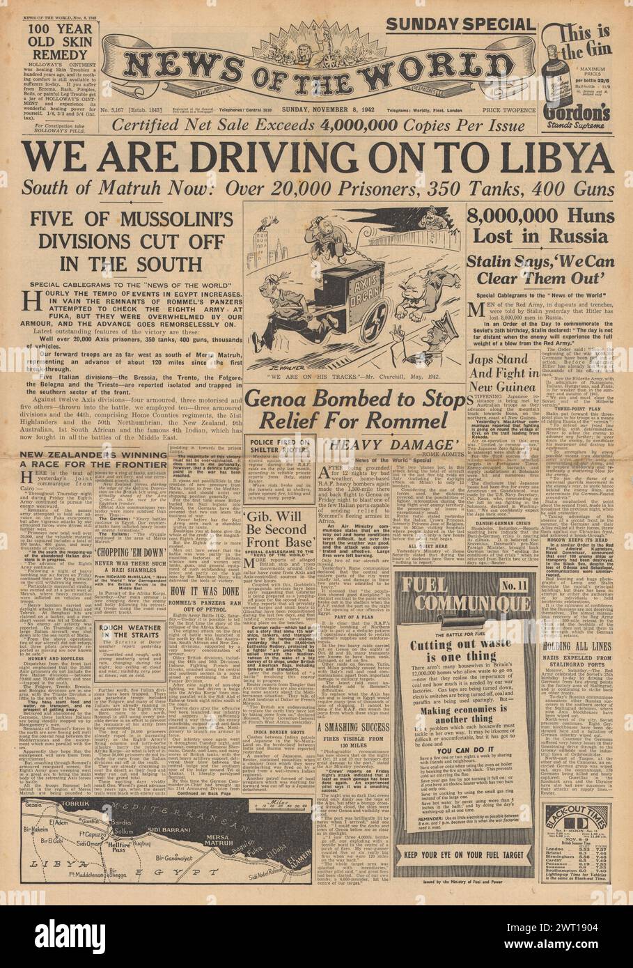 1942 News of the World front page reporting Battle of North Africa and ...