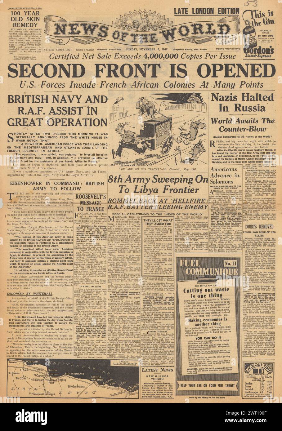 1942 News of the World front page reporting Operation Torch and Allied ...
