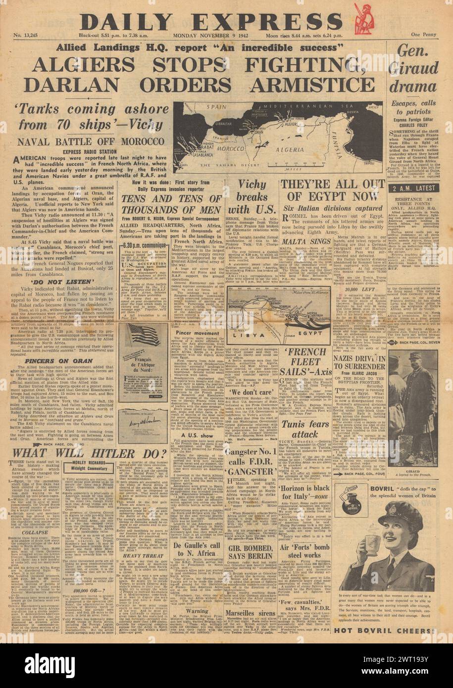 1942 Daily Express front page reporting Operation Torch, Allied ...