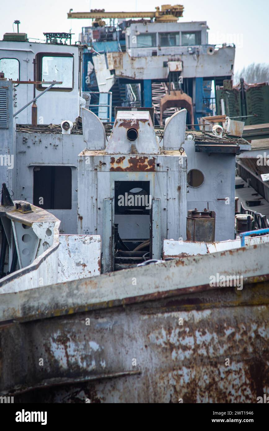 Old river vessels rust on dock repair shop Stock Photo - Alamy