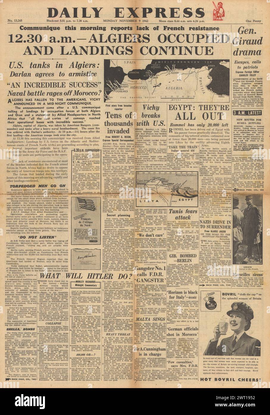 1942 Daily Express front page reporting Operation Torch and Allies ...