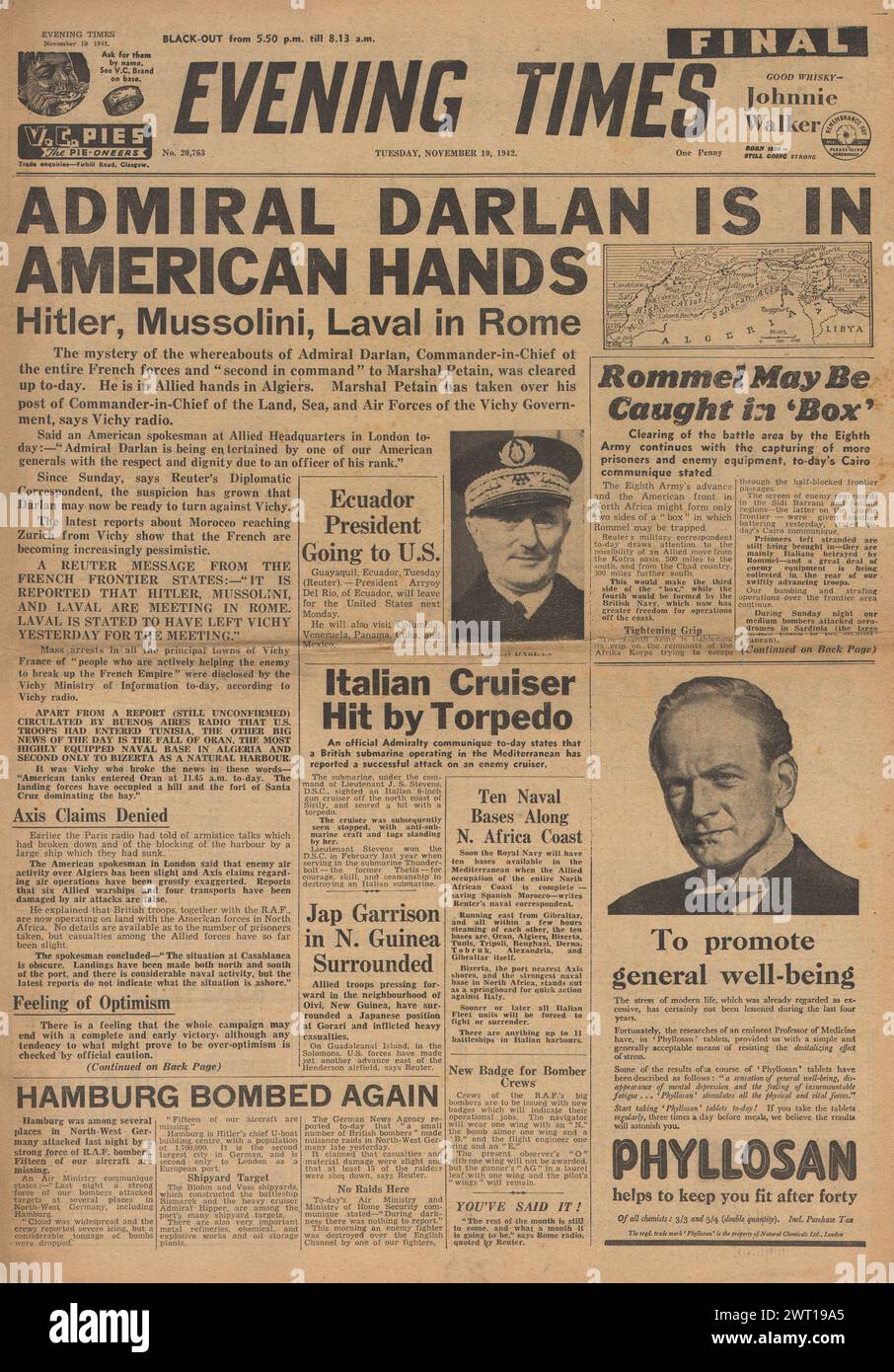1942 Evening Times front page reporting Battle for North Africa and capture of Admiral Darlan ...