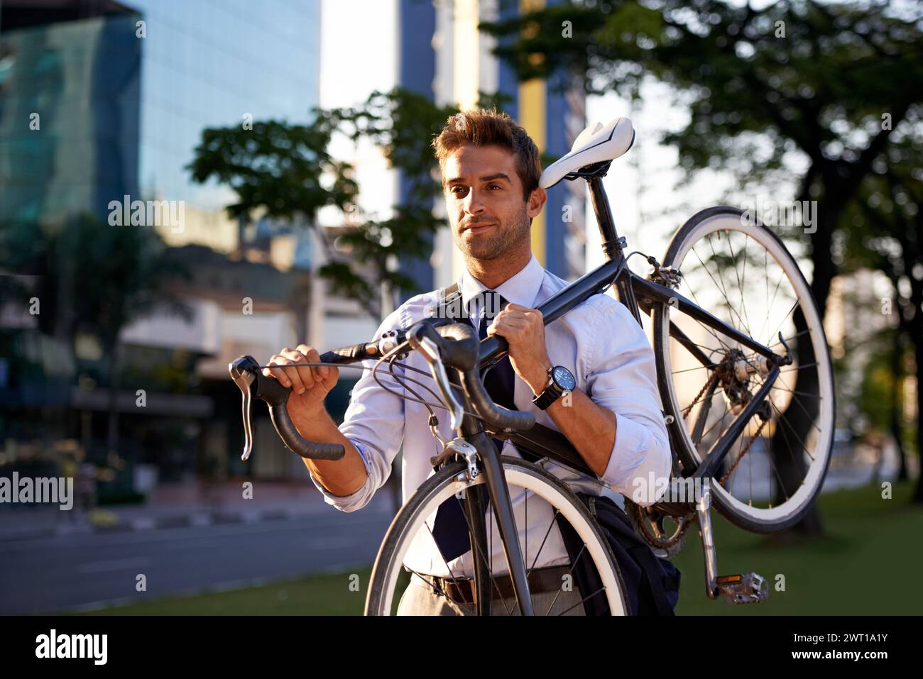 Morning, business man and bicycle for transportation, commute and ...