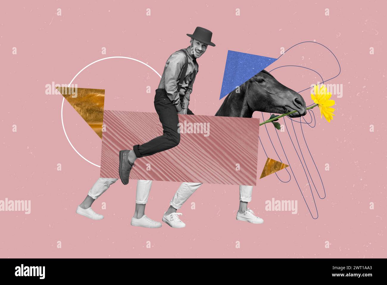 Creative poster collage of young gentleman cowboy riding horse legs ...