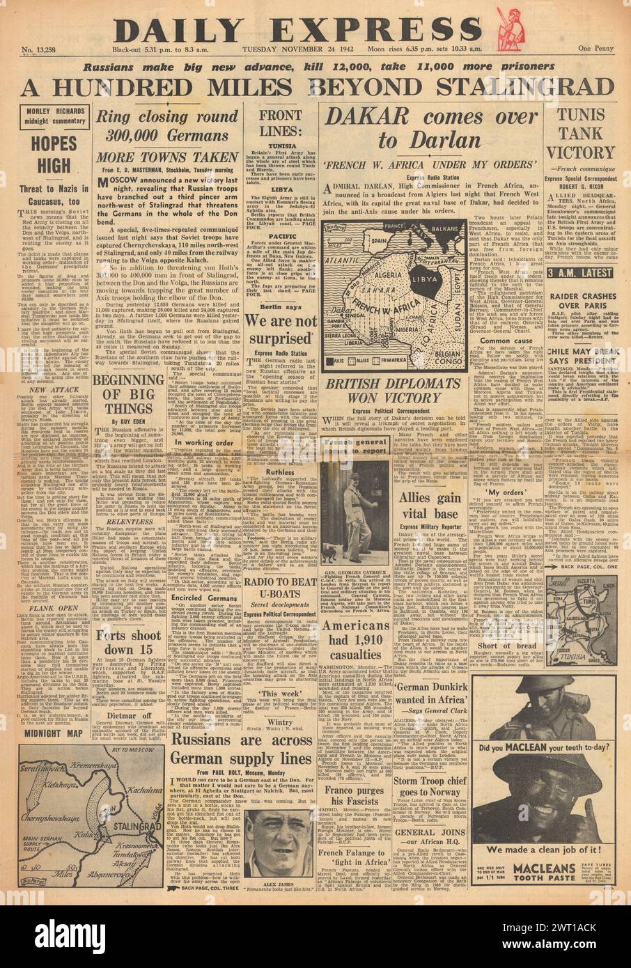 1942 Daily Express front page reporting Battle for North Africa and ...