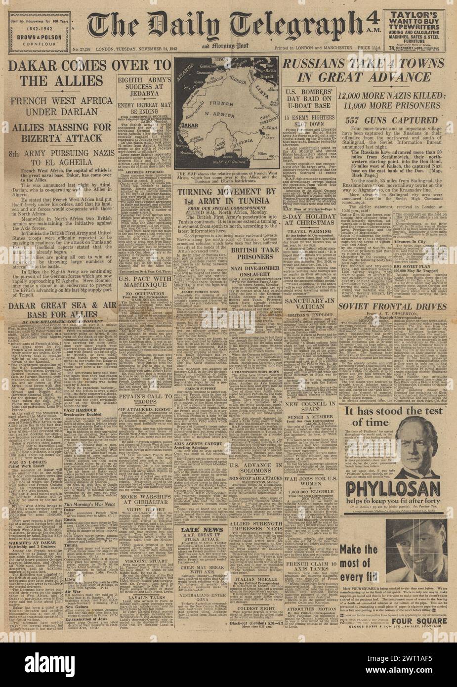 1942 Daily Telegraph front page reporting Battle for North Africa and ...
