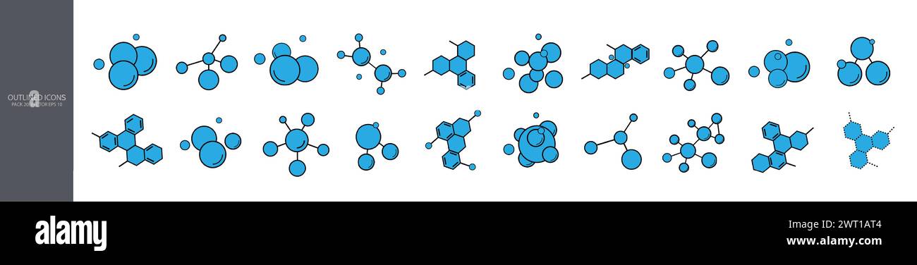 A collection of icons with outlines of molecules, atomic compounds in ...