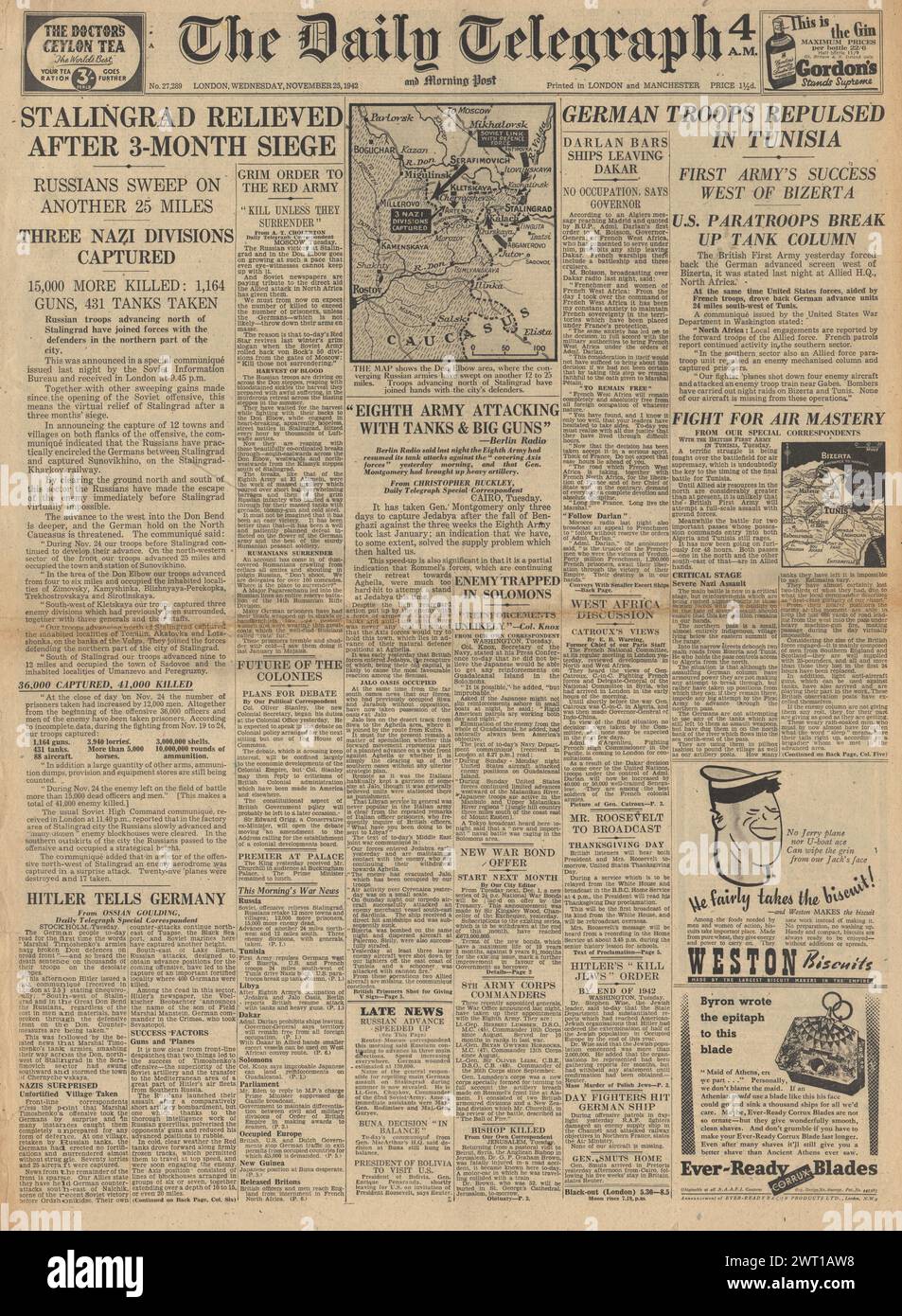 1942 The Daily Telegraph front page reporting Battle for North Africa ...