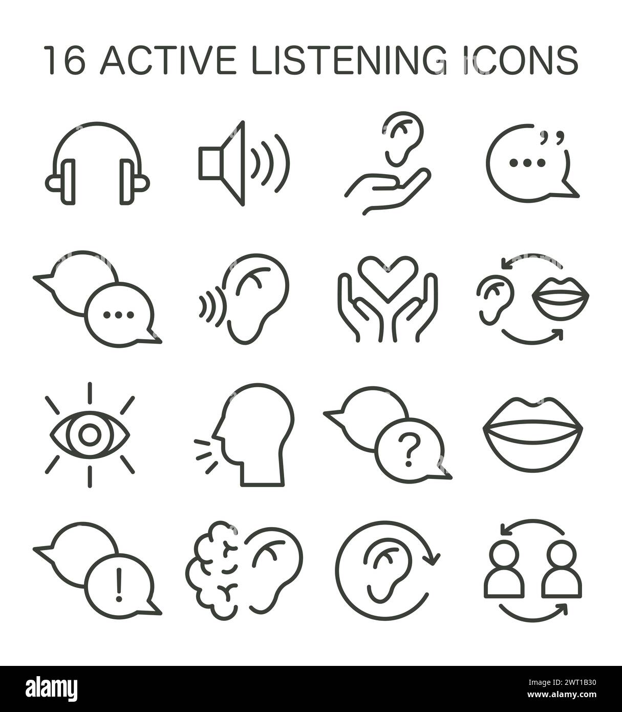 Active listening skill icons set. Symbol of attentiveness soft skill ...