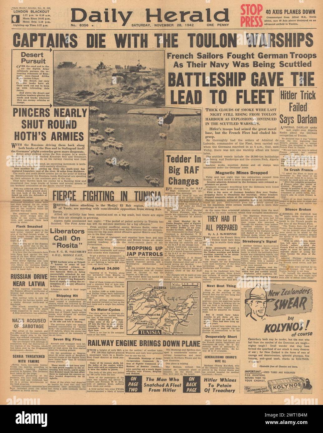 1942 Daily Herald front page reporting French fleet scuttled at Toulon ...