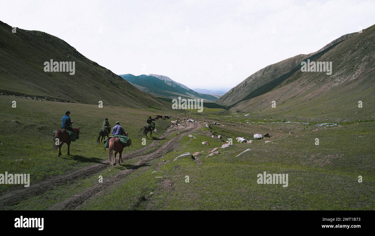 Magnificent scenery in Kyrgyzstan. Depicts nomadic life, with yurts ...