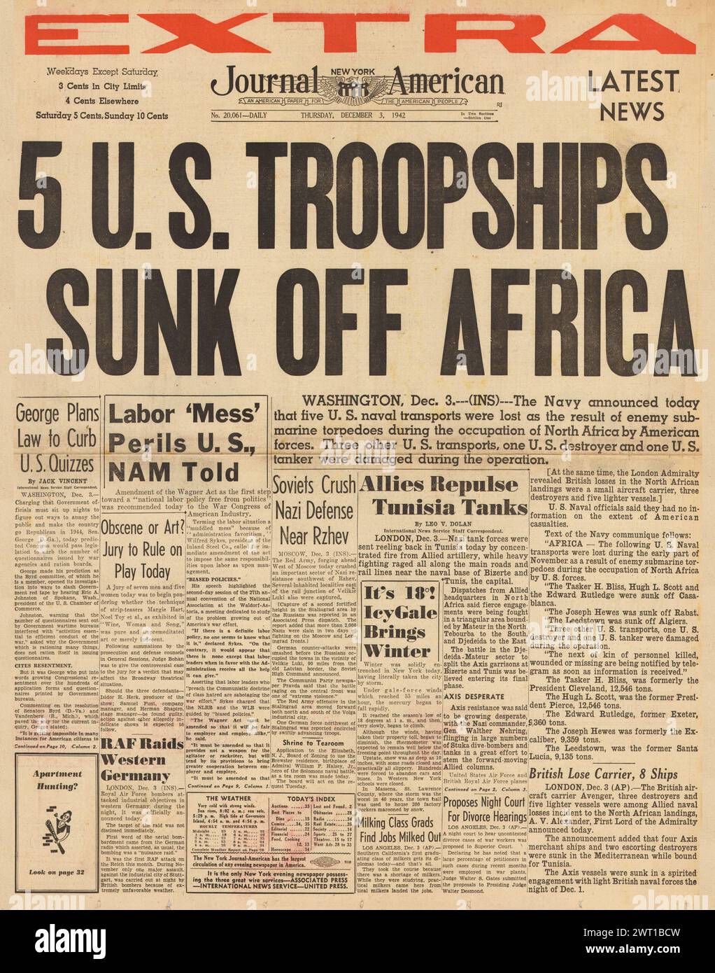 1942 Journal American front page reporting Five US transports sunk by ...