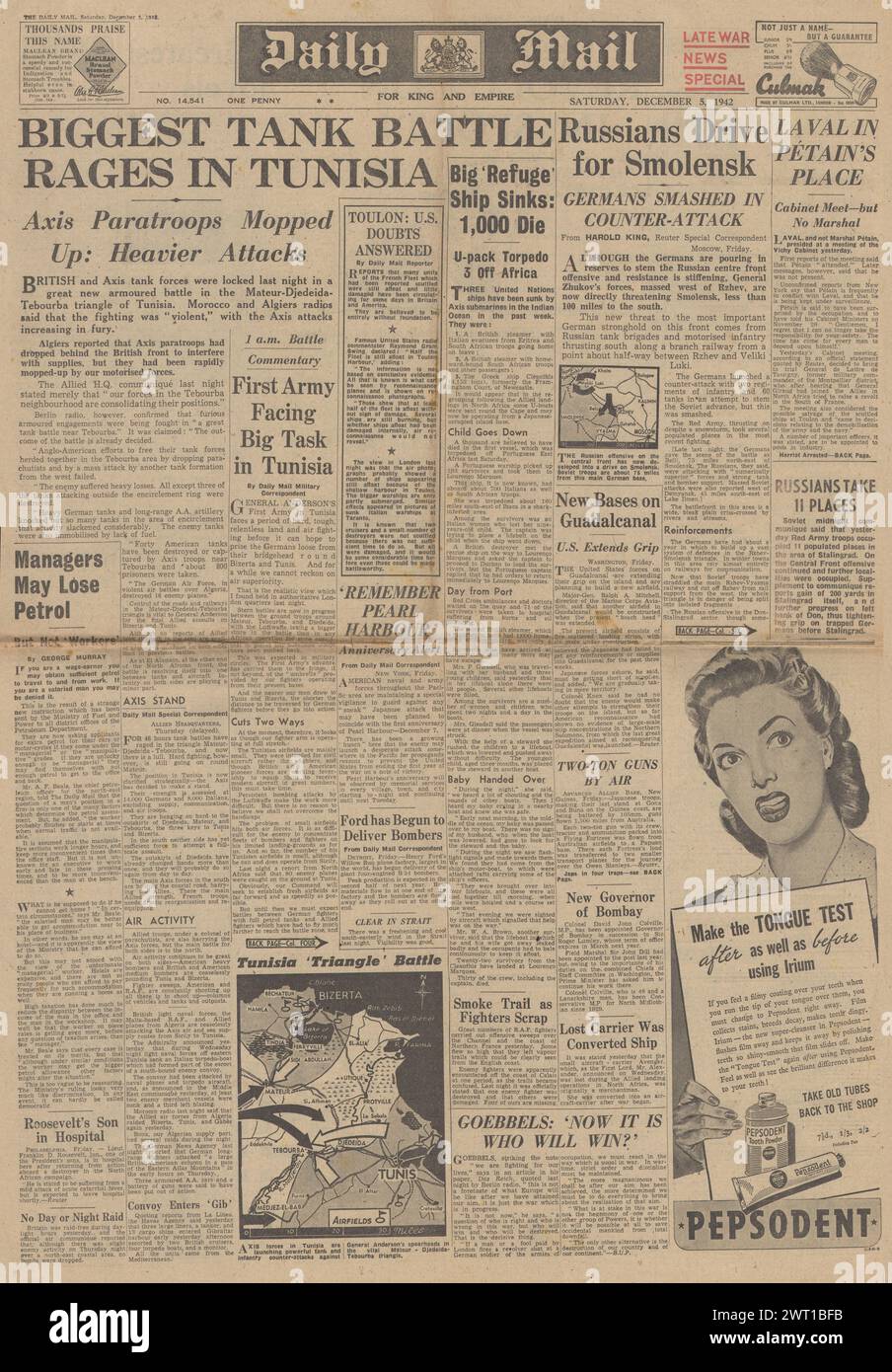 1942 Daily Mail front page reporting Red Army drive on Smolensk and ...