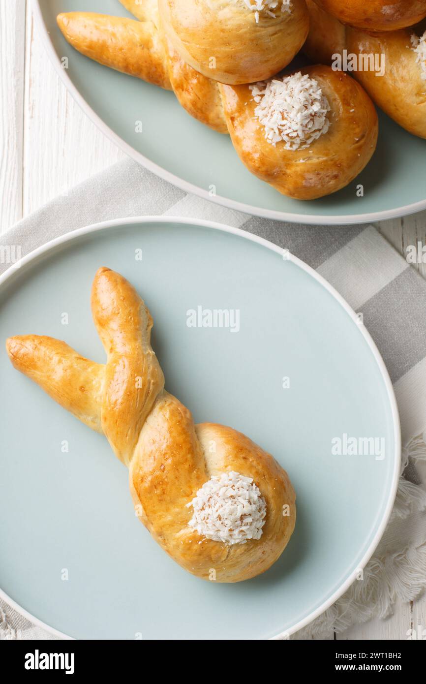 Funny bunny buns rolls closeup on the plate on the table. holiday idea ...