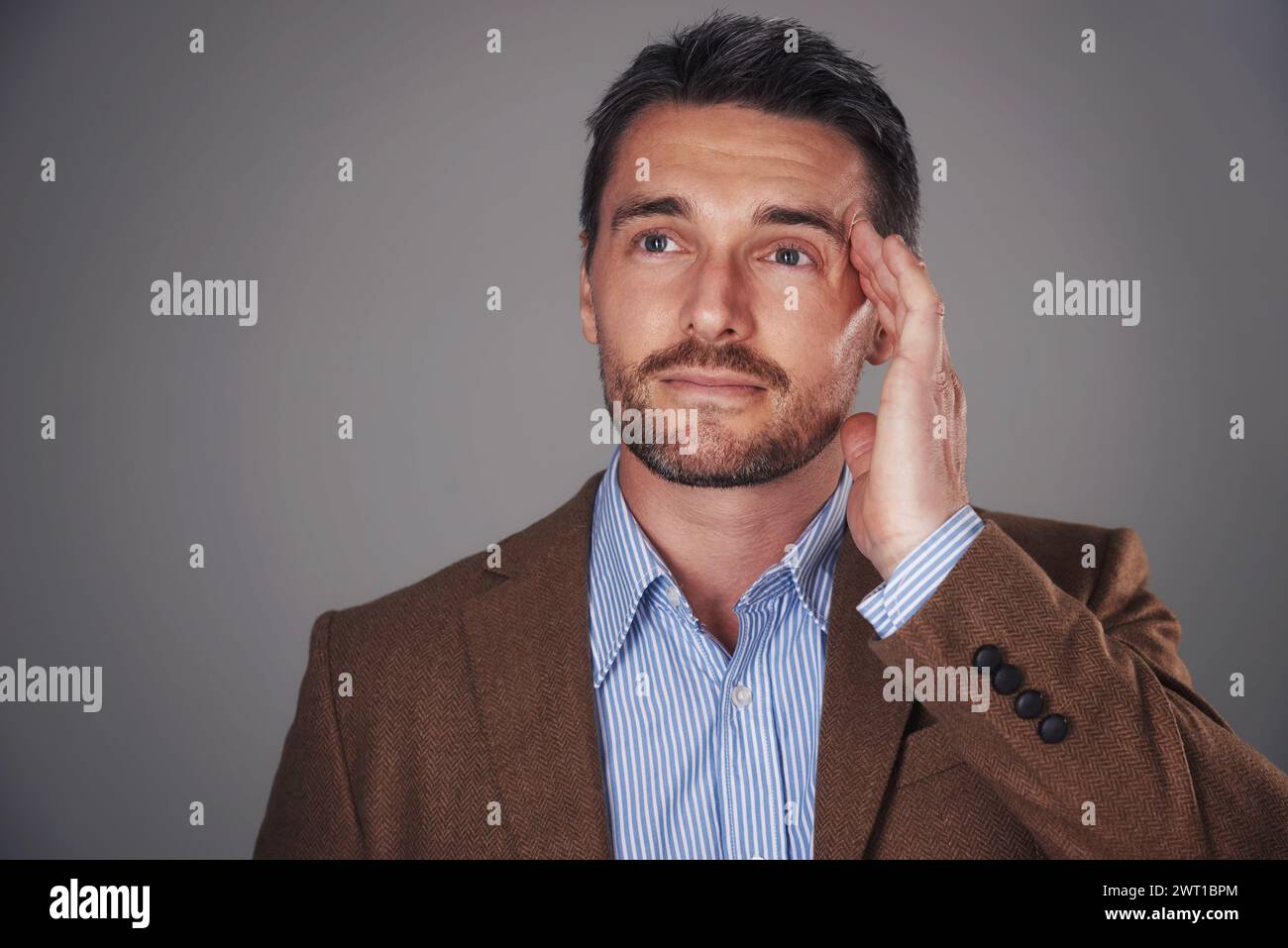 Thinking, headache and business man on gray background for problem ...