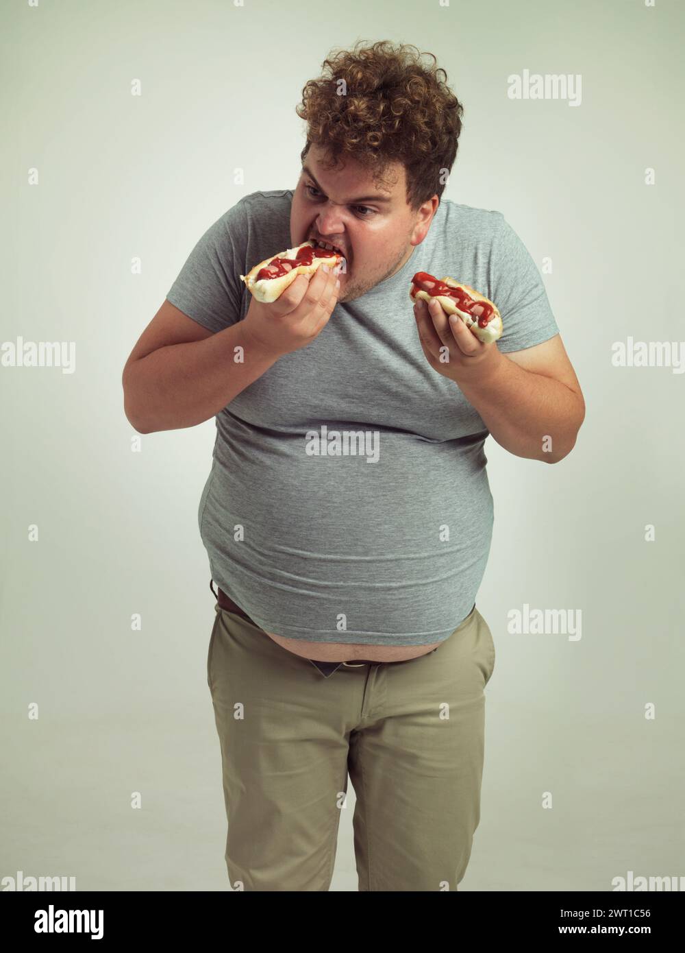Plus size man, fast food and eating hotdogs for lunch in studio ...