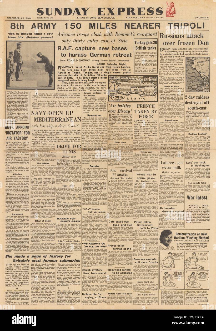 1942 Sunday Express front page reporting Battle for North Africa and ...