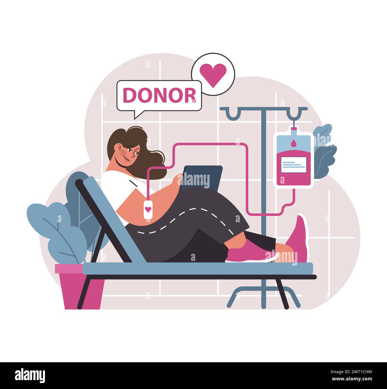 Blood donation. Woman, donor sitting in the chair, donating blood in ...