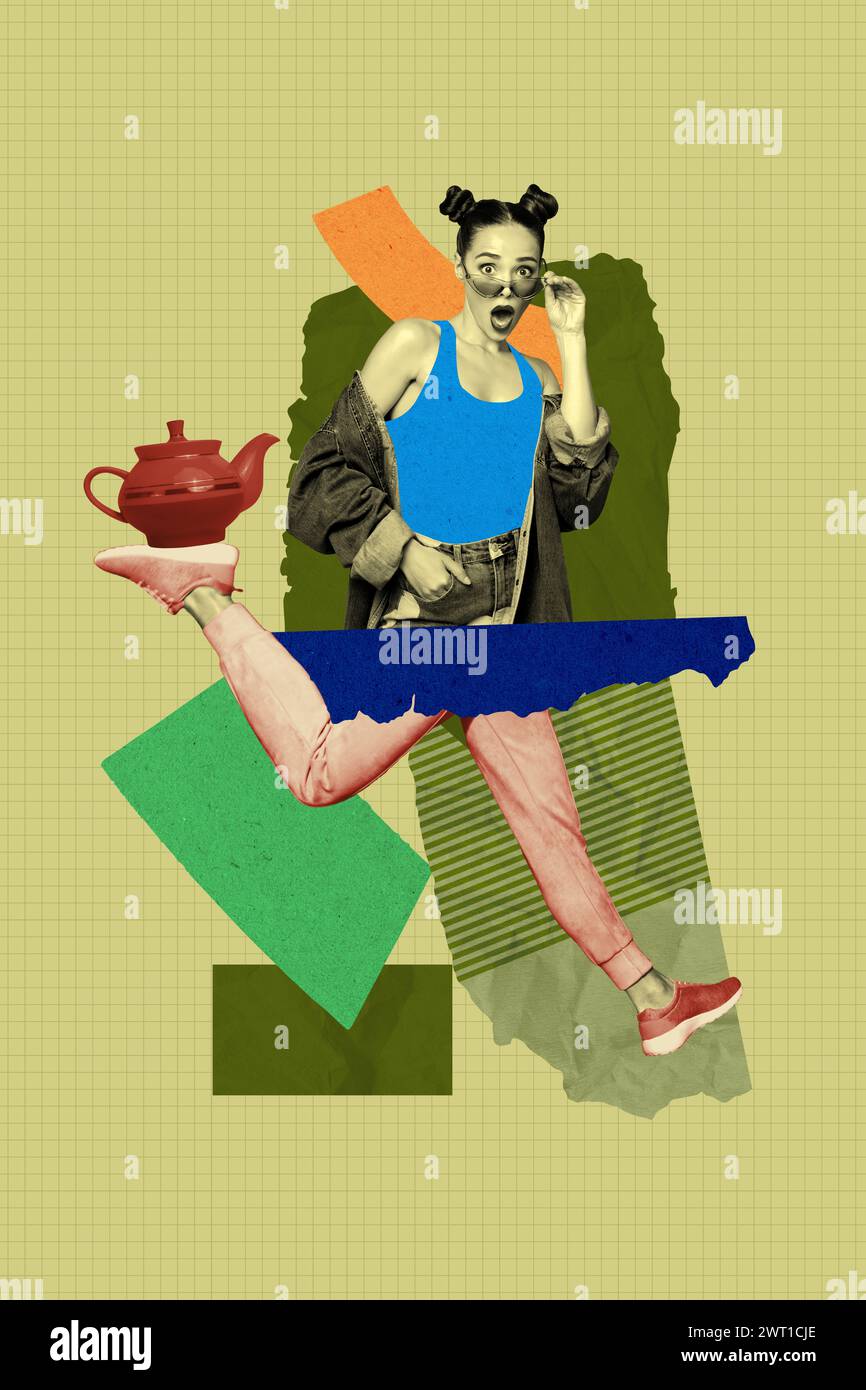 Composite collage picture image of funny surprised female running drink ...