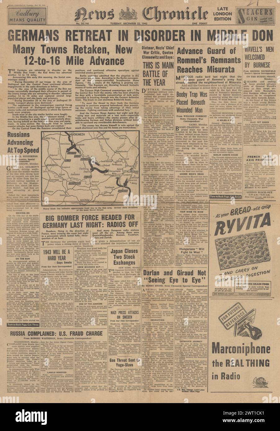 1942 News Chronicle front page reporting German Army retreats, RAF bomb ...