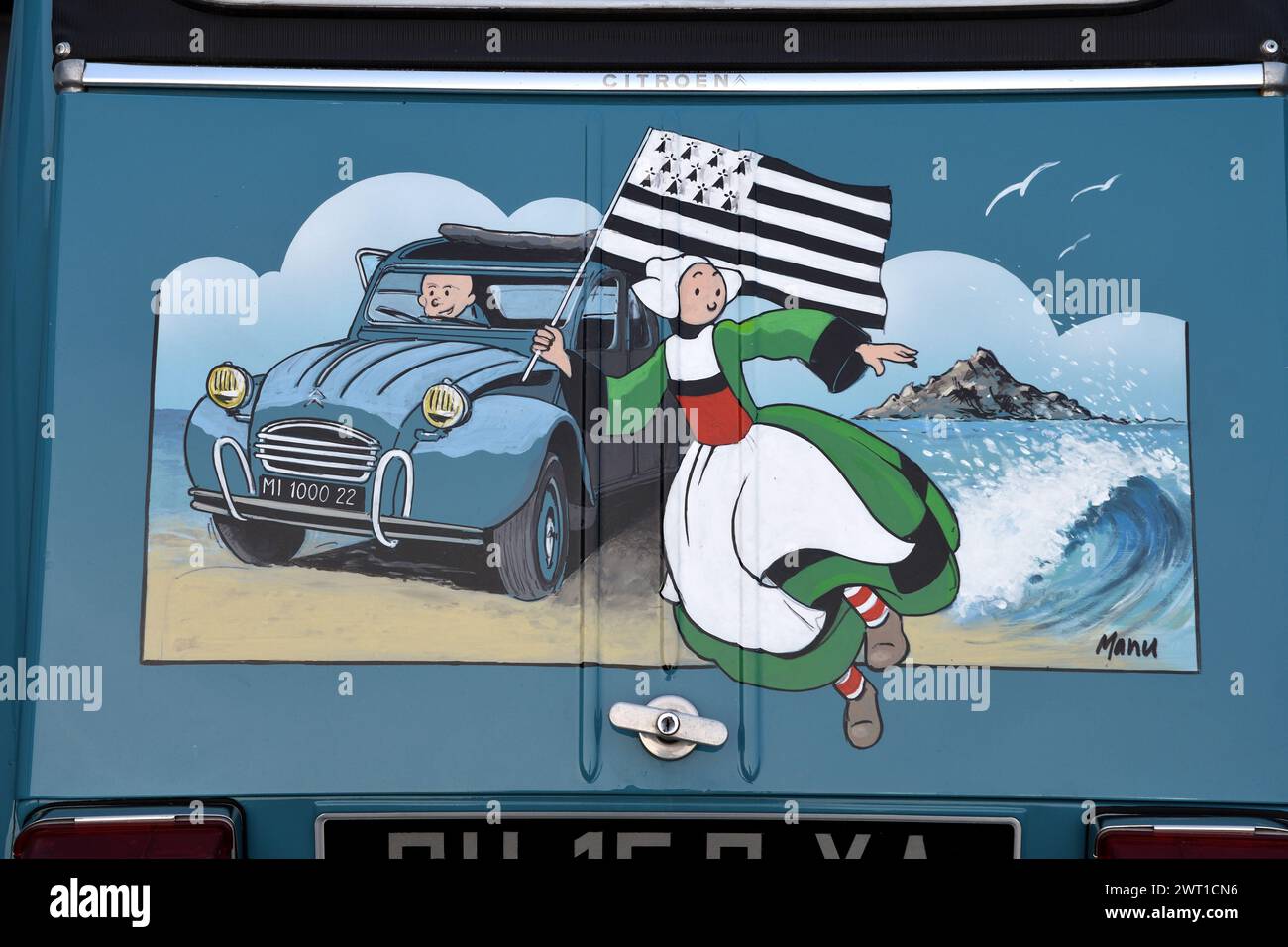 comic painted tailgate of a 2CV, Becassine with 2CV and flag of ...