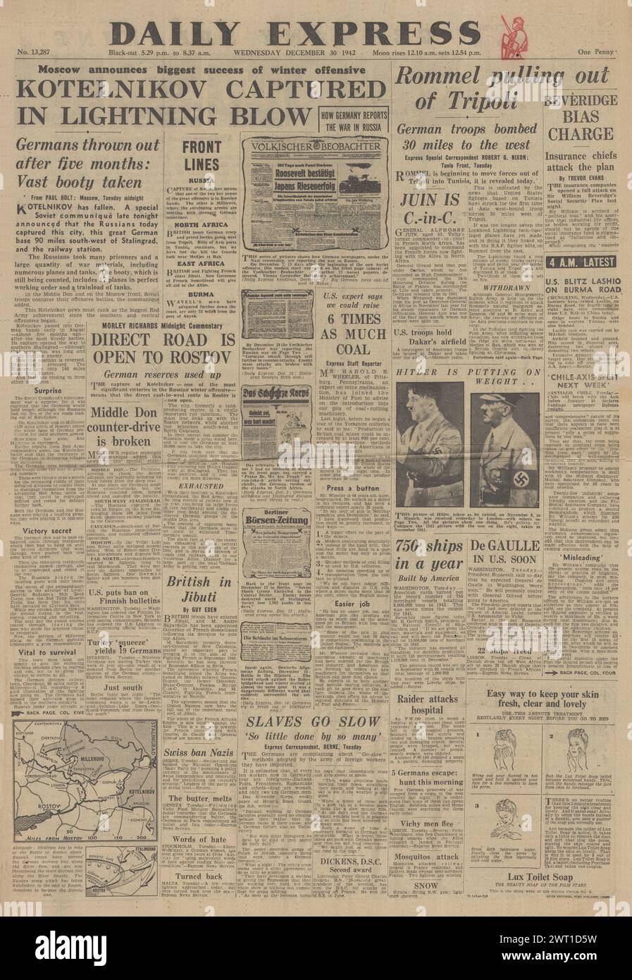 1942 Daily Express front page reporting Red Army capture Kotelnikovo ...
