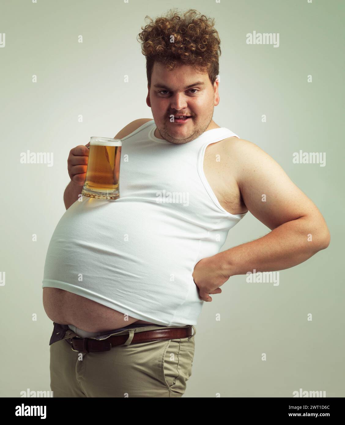 Obese, weight gain and lager for man in studio with drink for unhealthy ...