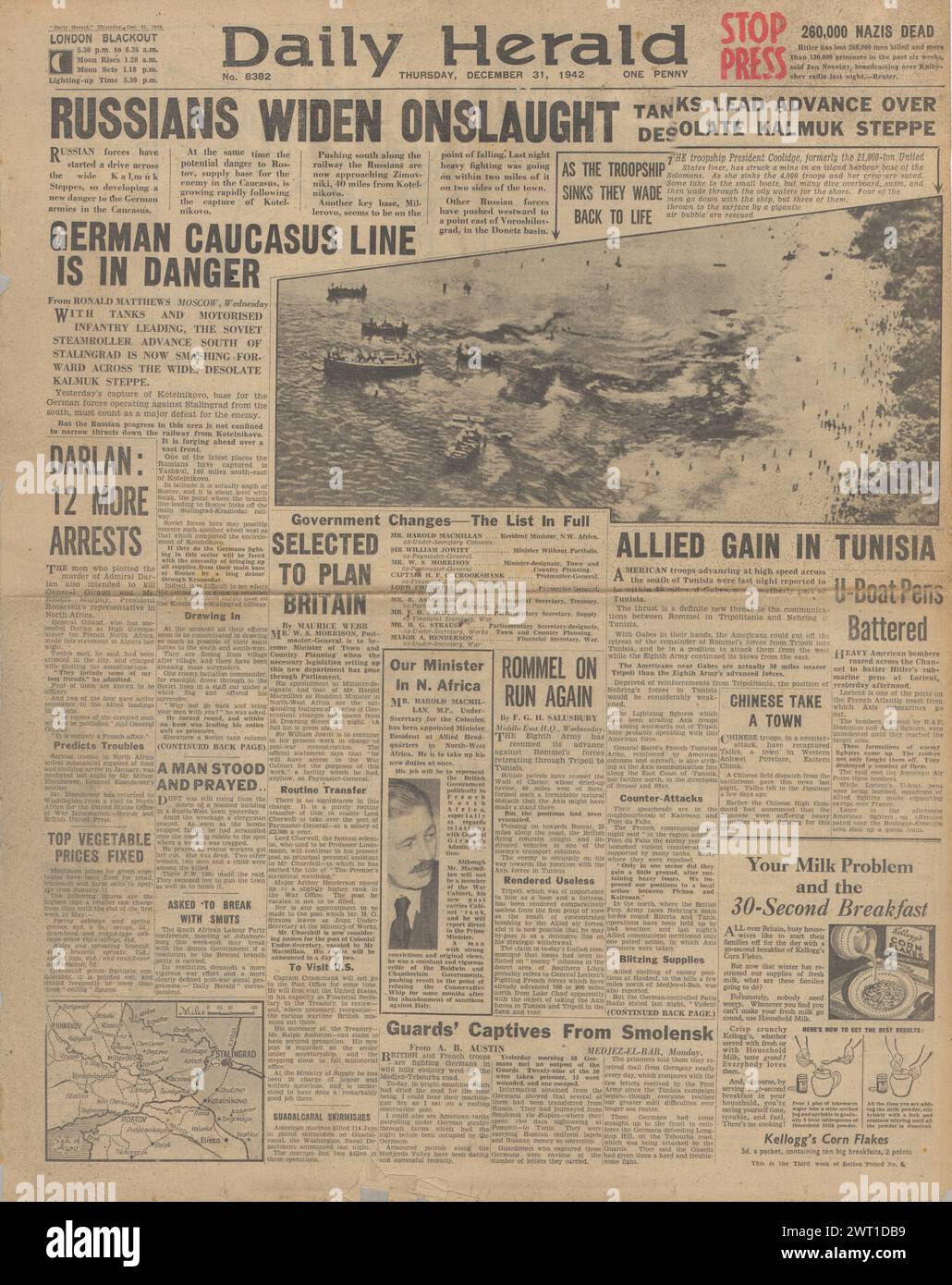 1942 Daily Herald front page reporting Red Army capture Kotelnikovo ...