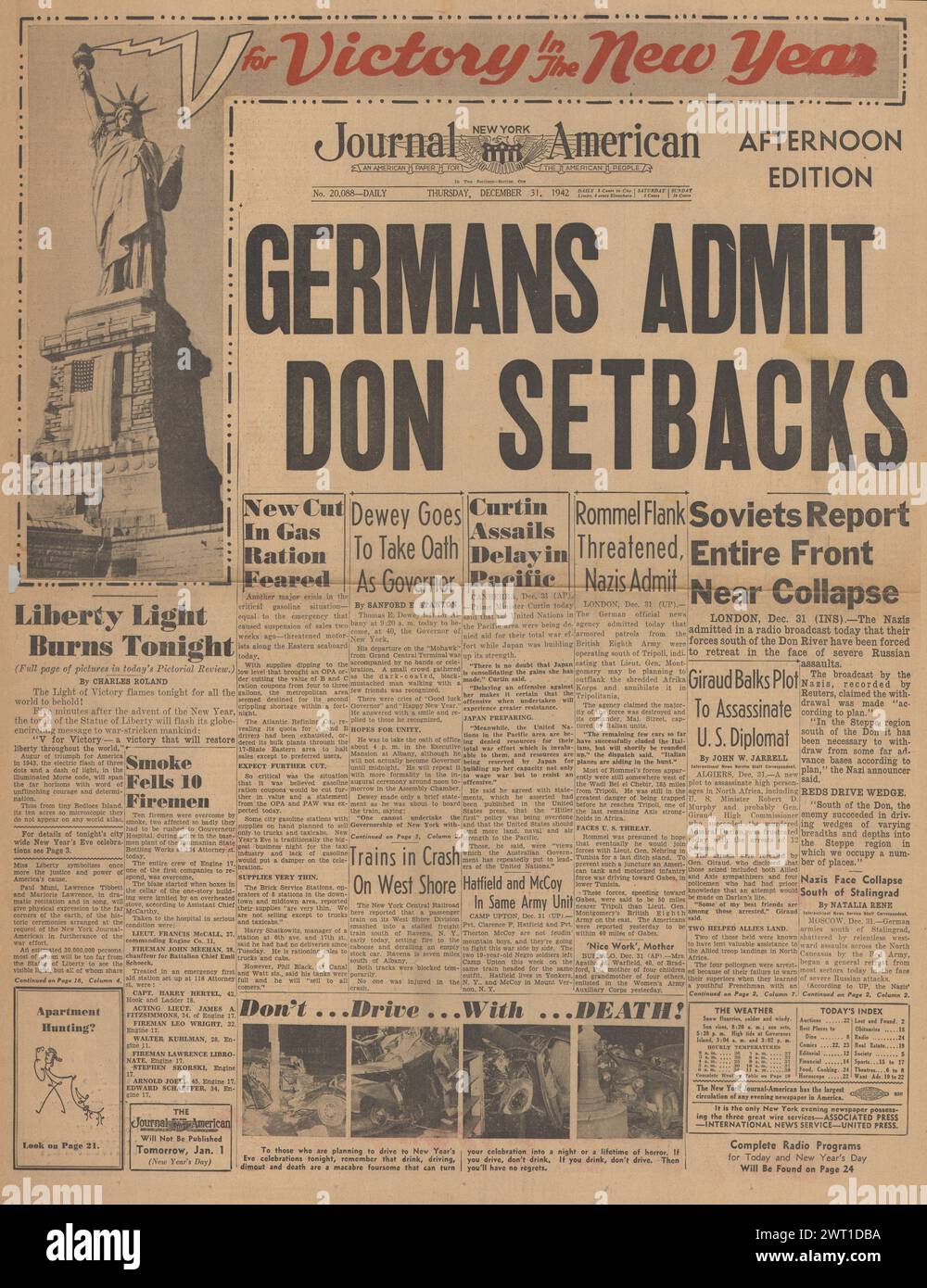 1942 Journal American front page reporting German Army retreat on ...