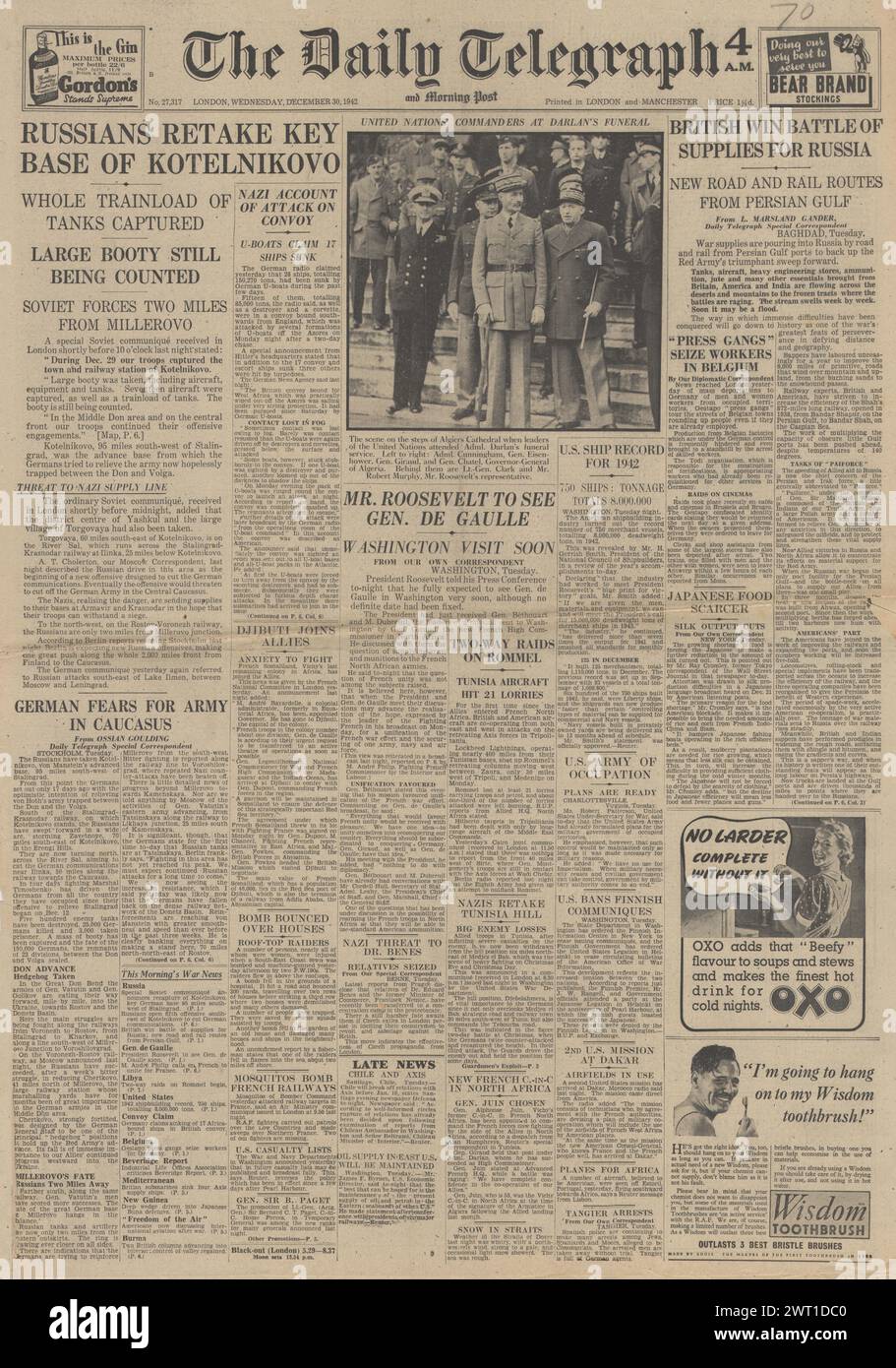 1942 The Daily Telegraph front page reporting Red Army capture ...