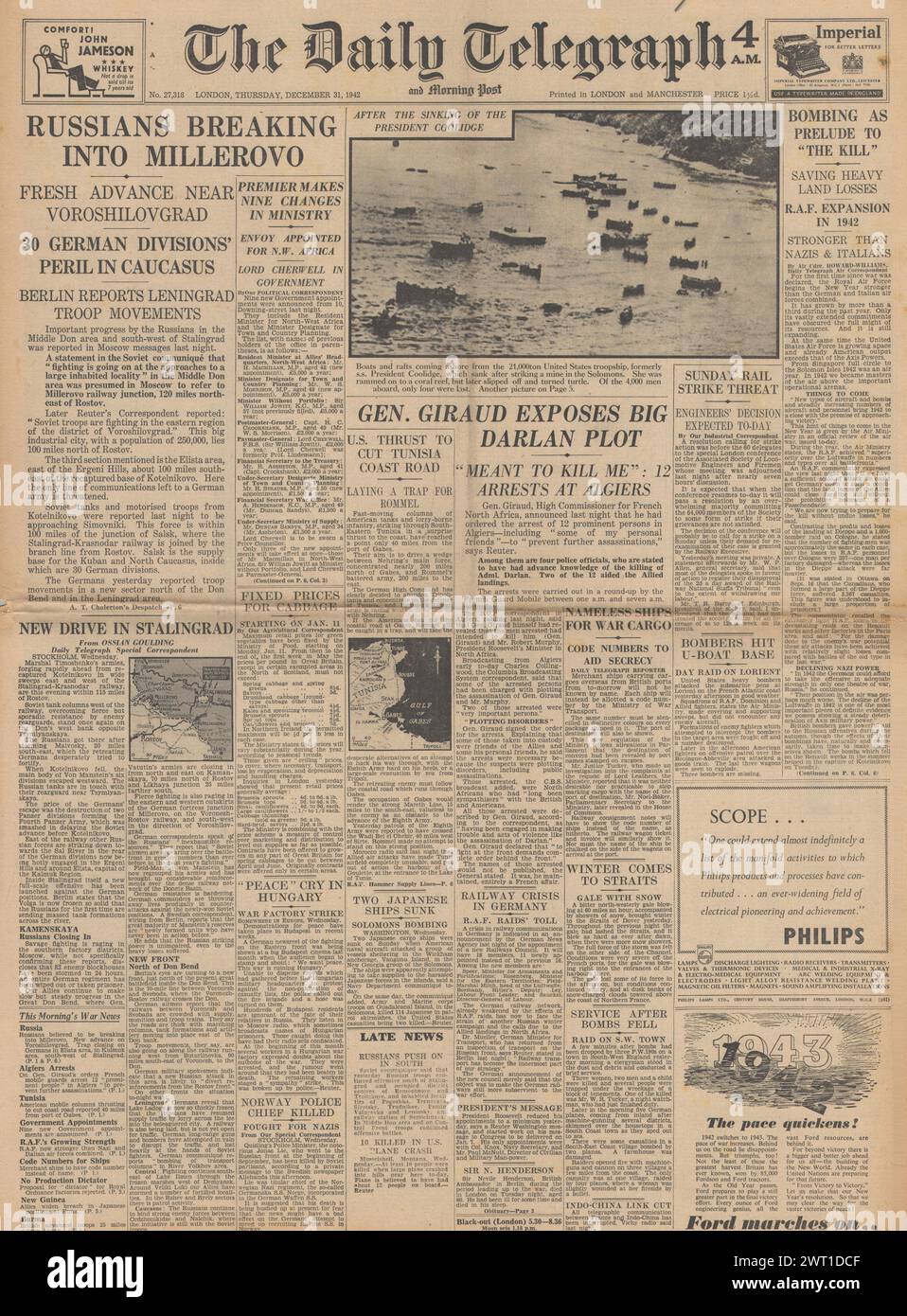 1942 The Daily Telegraph front page reporting Red Army advance on ...