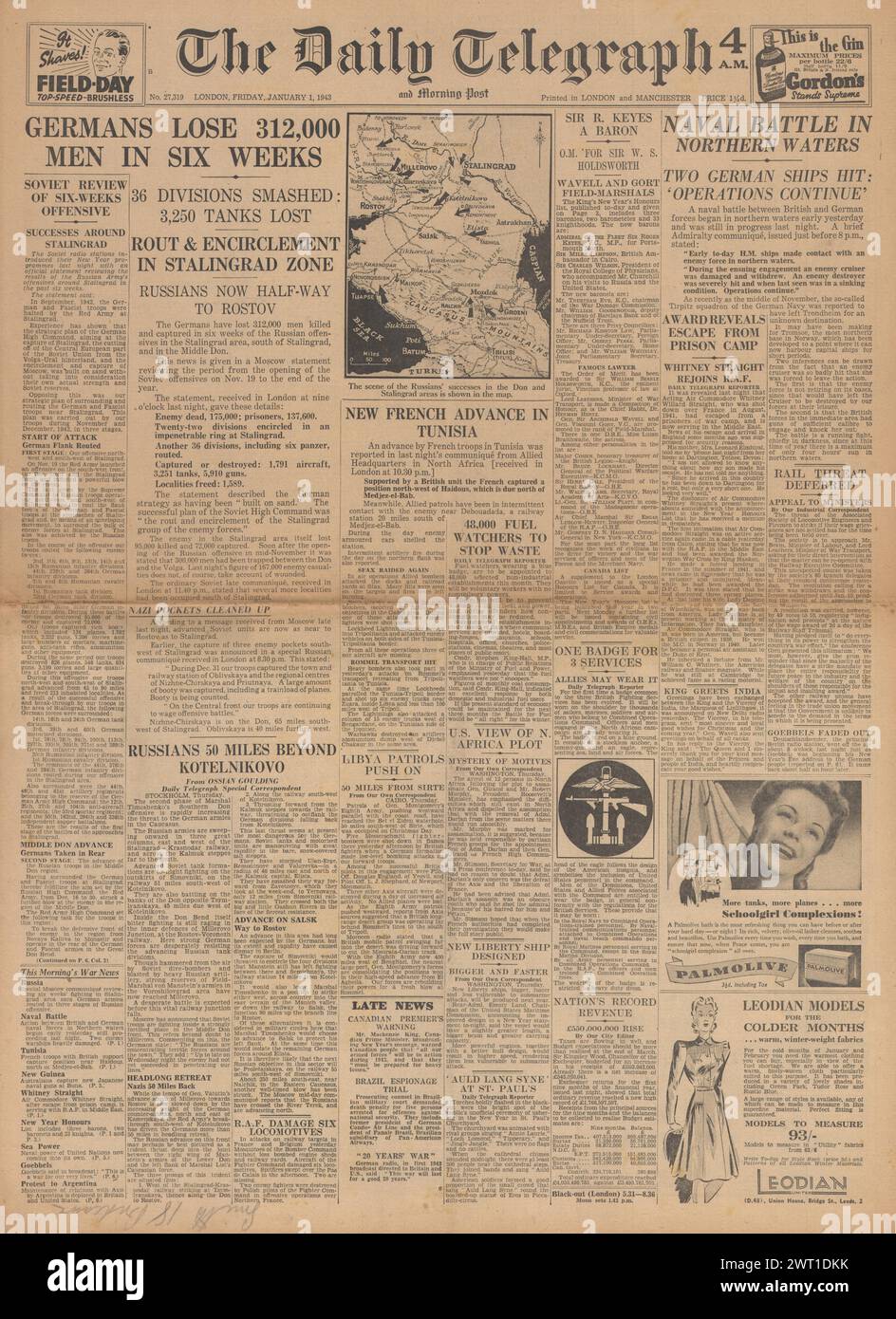 1943 The Daily Telegraph front page reporting Battle of Stalingrad, New ...