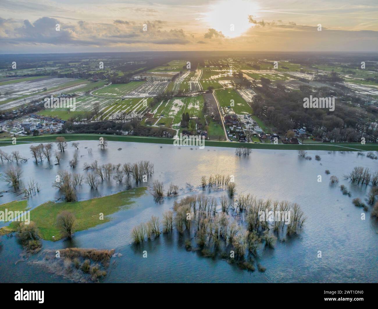aerial view of the Elbe flood plain during flooding in December 2023 ...