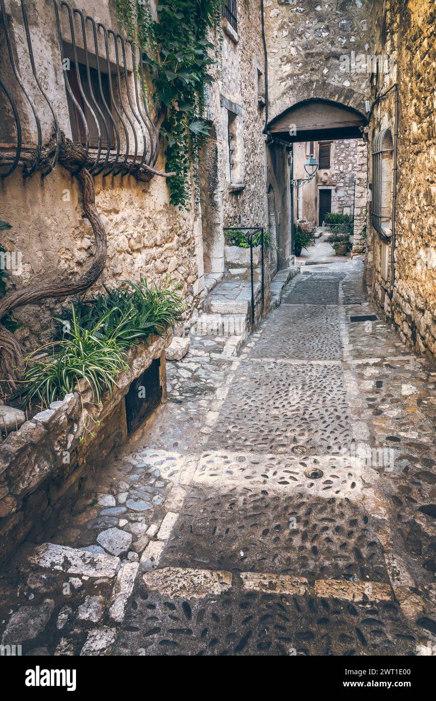 Picturesque cobbled street in the old medieval town of Saint-Paul de ...