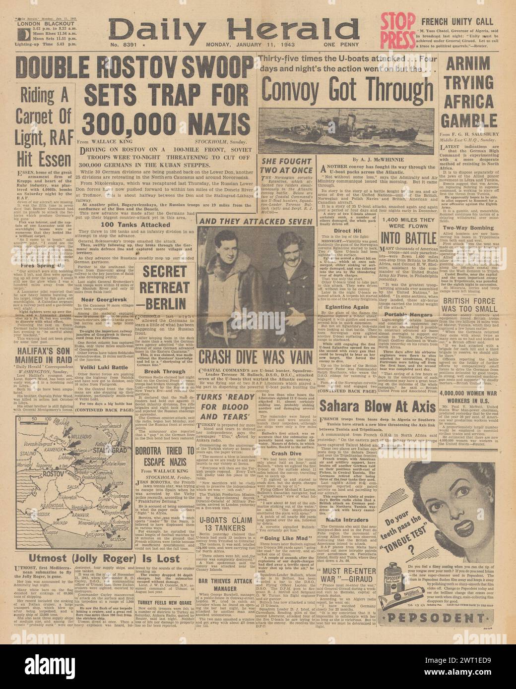1943 Daily Herald front page reporting Battle for the Caucasus, Arctic ...
