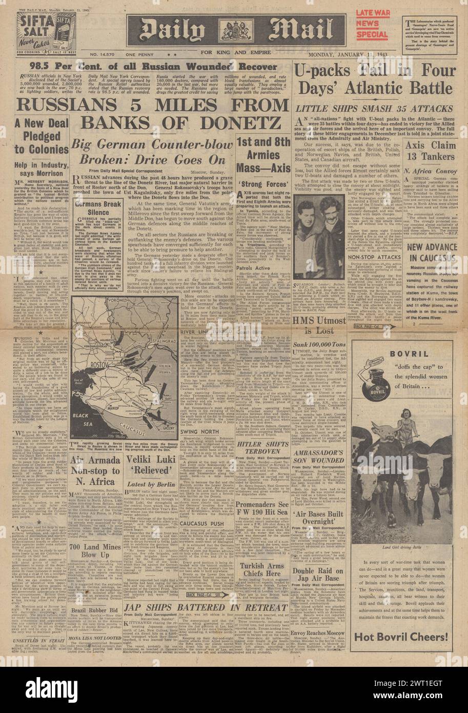 1943 Daily Mail front page reporting Battle of the Atlantic, Red Army ...
