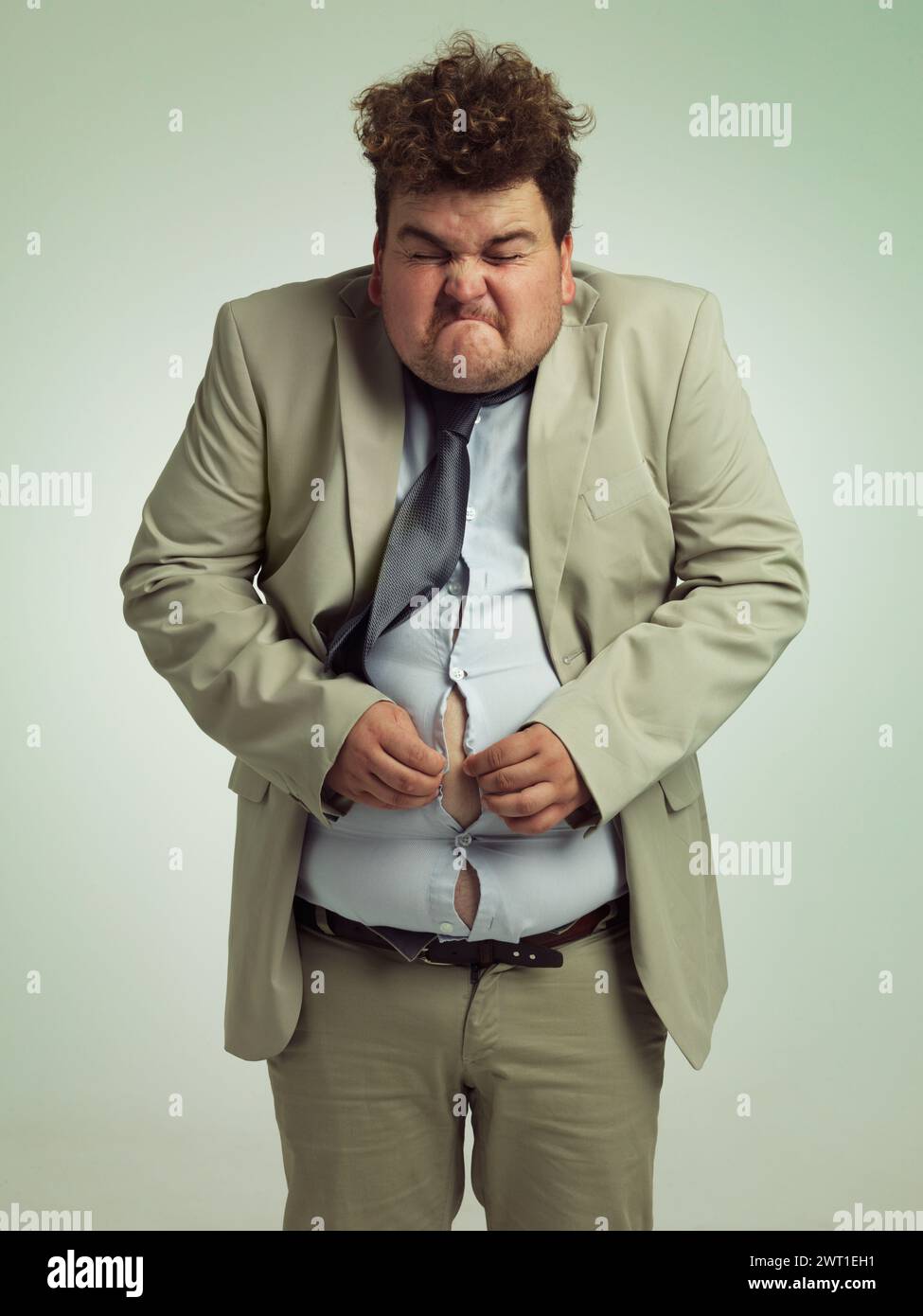 Plus size, man and fitting in shirt for abdomen, professional and ...