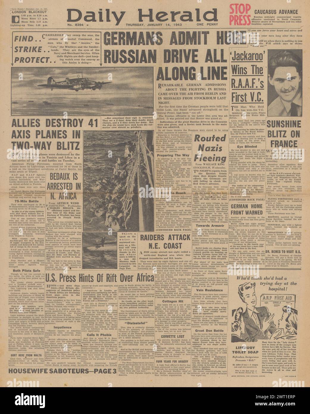 1943 Daily Herald front page reporting Battle of North Africa, Red Army ...