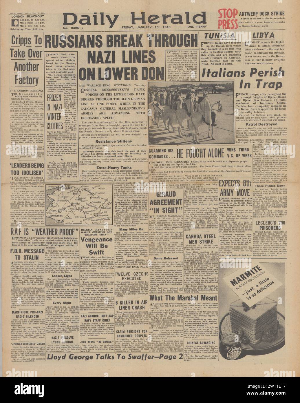 1943 Daily Herald front page reporting Battle of North Africa, Red Army ...