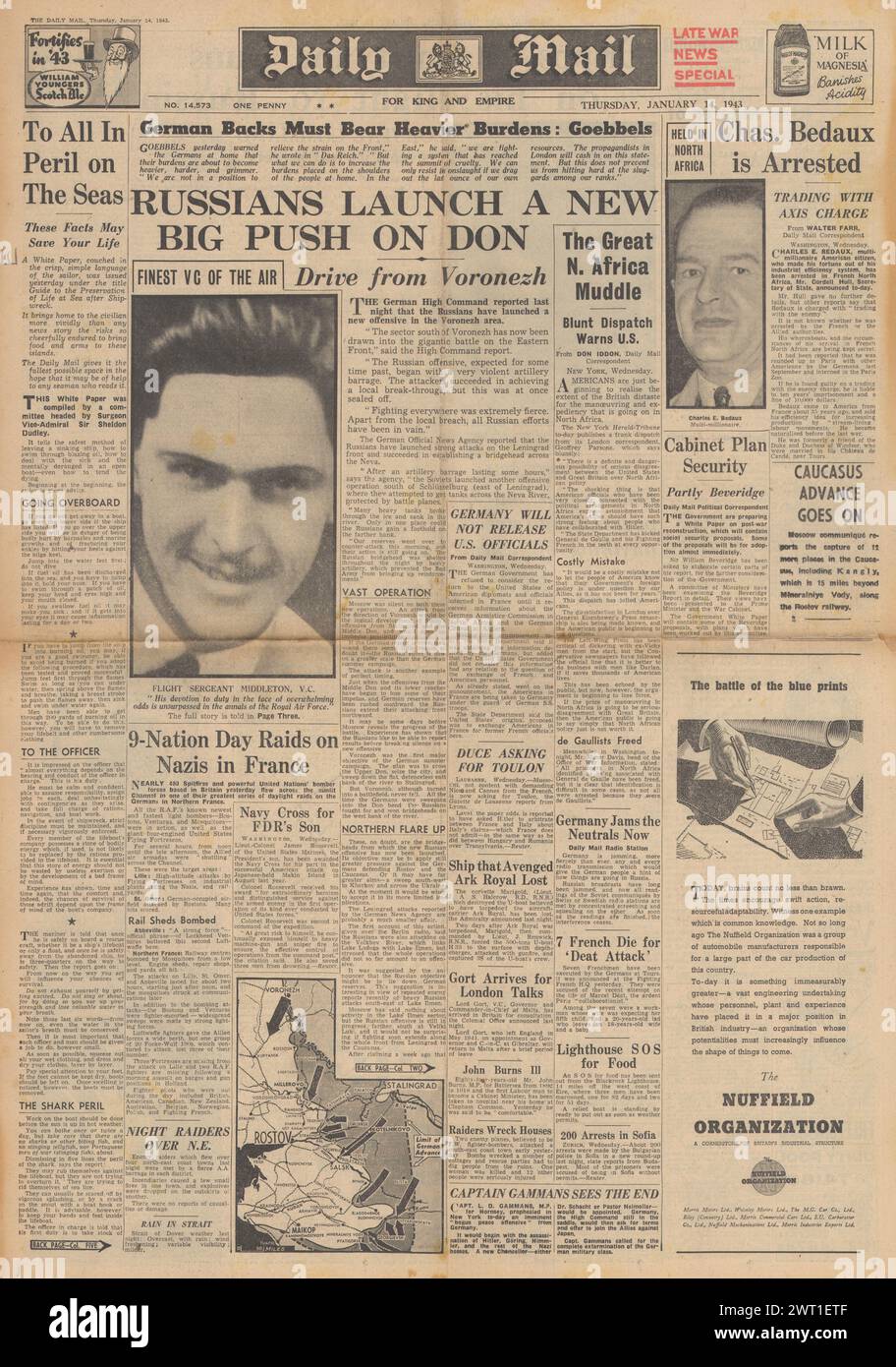 1943 Daily Mail front page reporting Battle of North Africa, Red Army ...