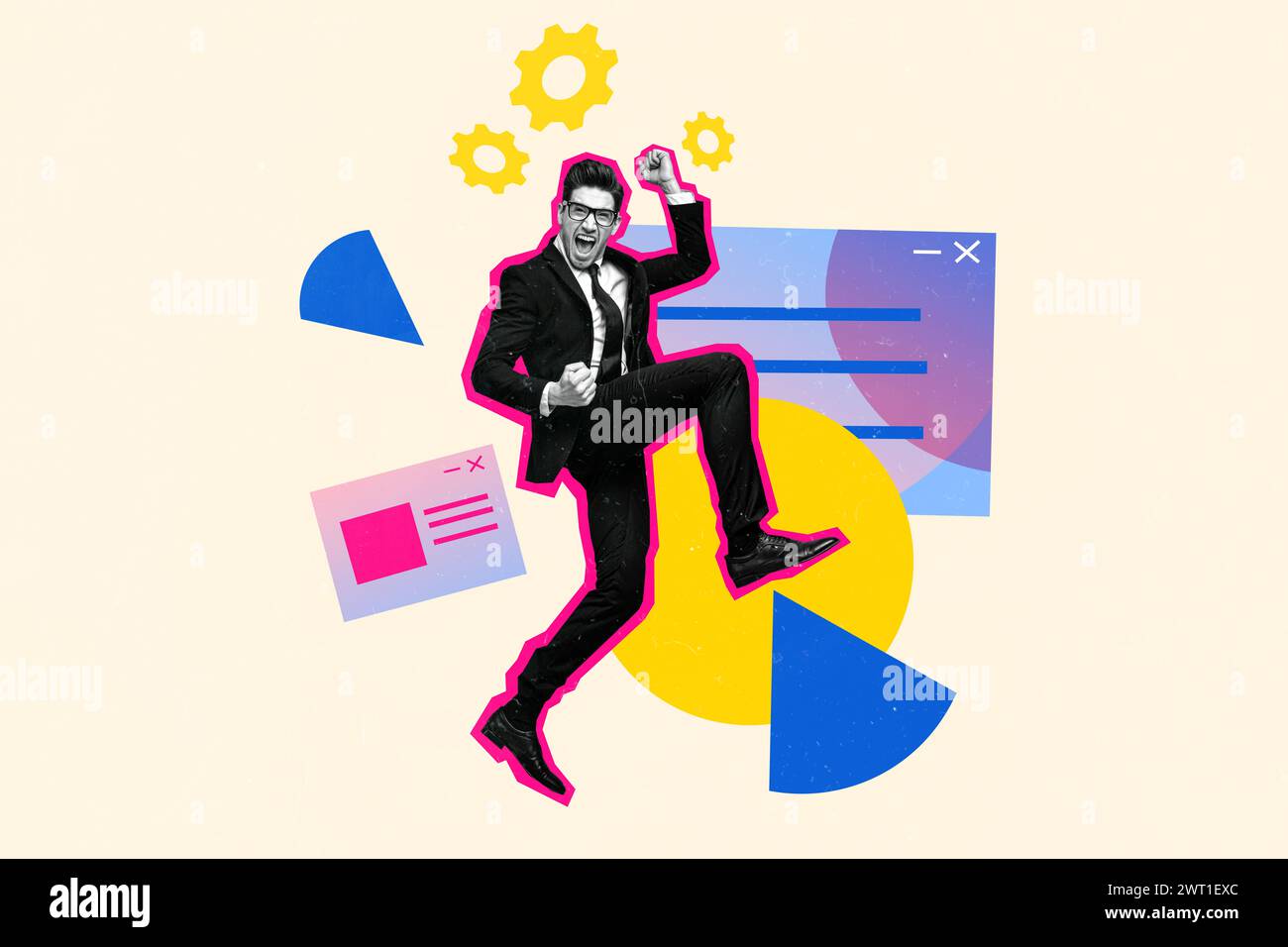Composite photo collage of young guy businessman victory diagram gear ...