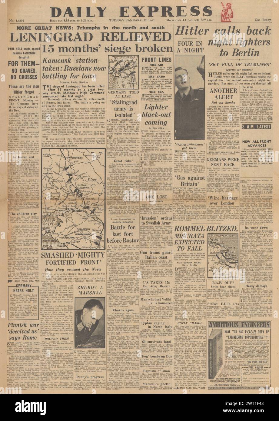 1943 Daily Express front page reporting Siege of Leningrad ends, RAF ... 1943 Daily Express front page reporting Siege of Leningrad ends, RAF ...