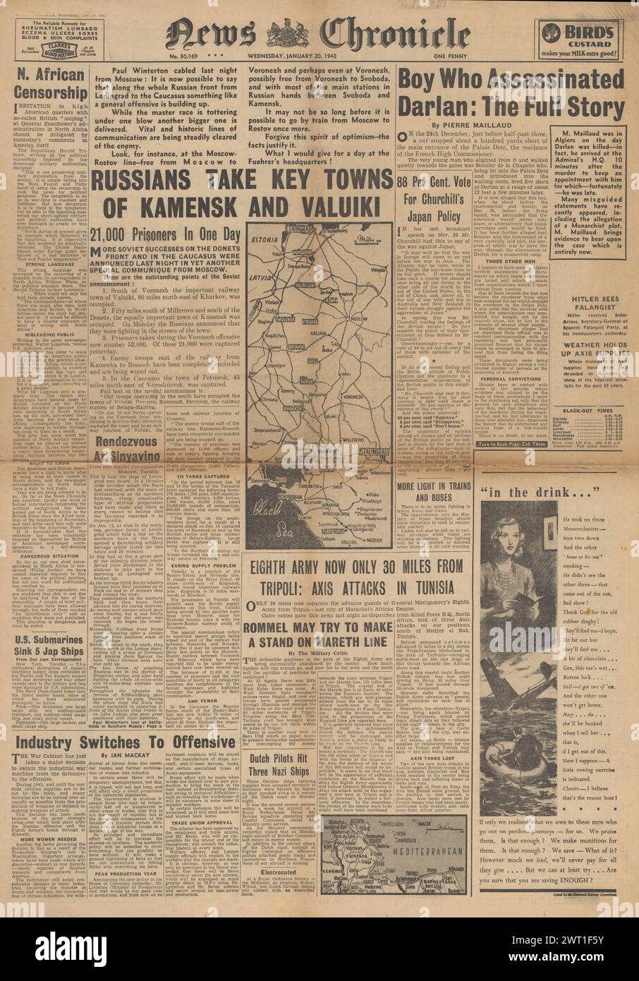 1943 News Chronicle front page reporting Red Army capture Kamensk and ...