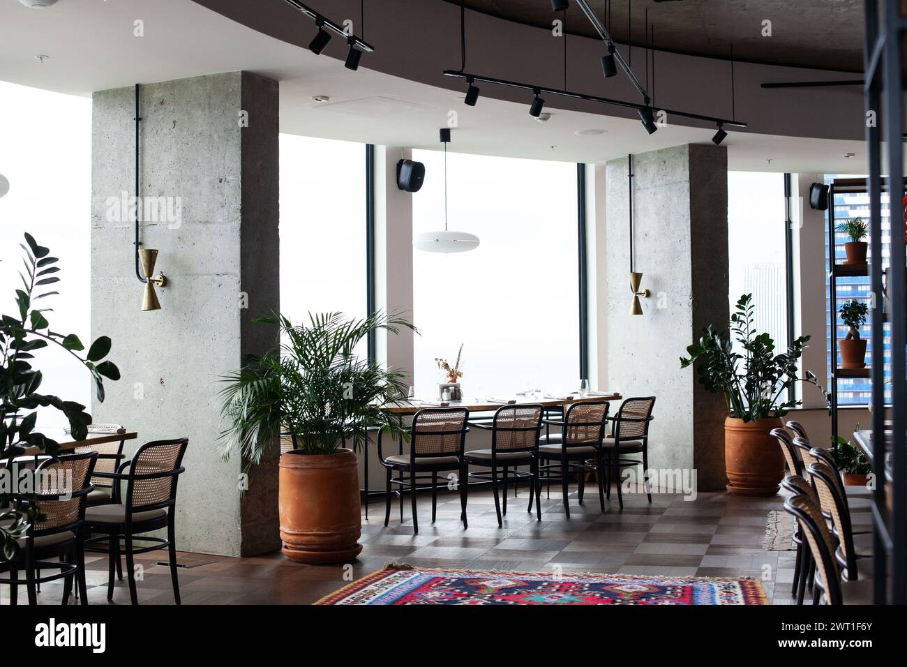 Natural color interior. Empty interior background with big window and ...