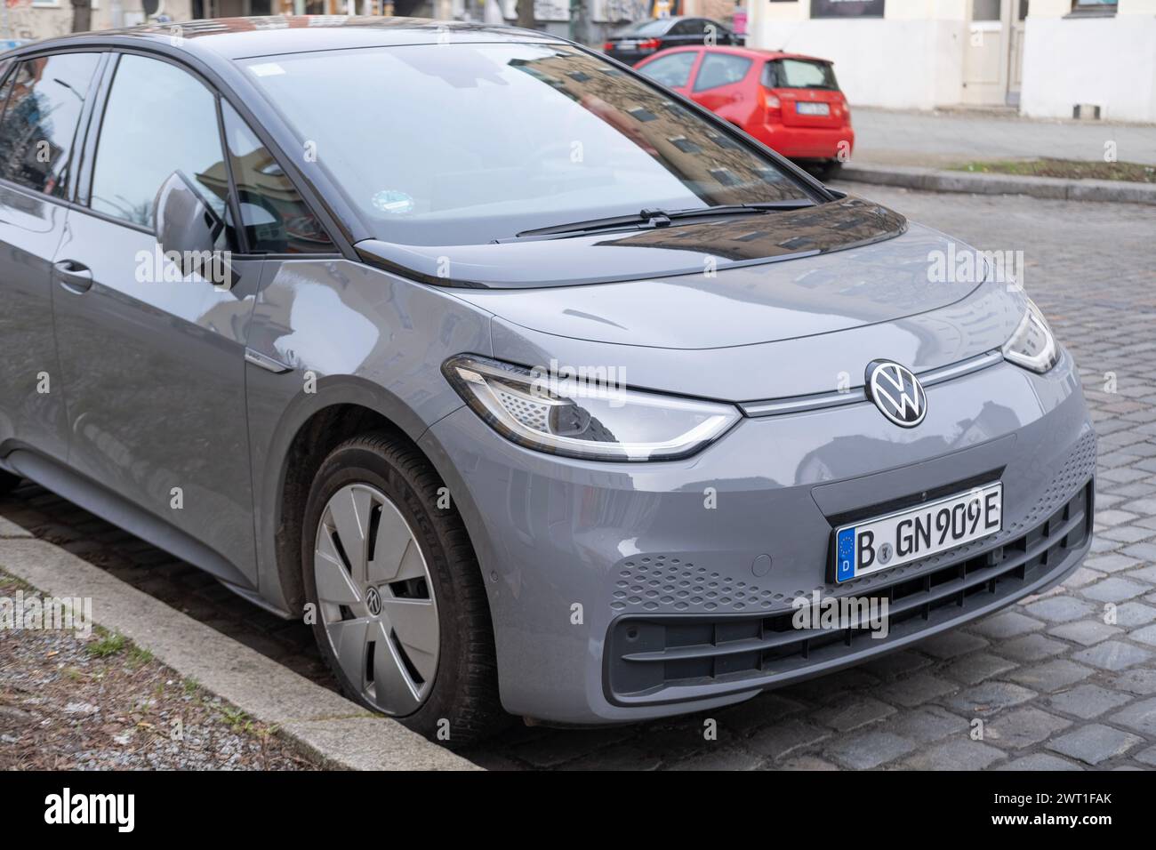 modern car gray Volkswagen ID.3 on street of Berlin, eco-friendly VW ...