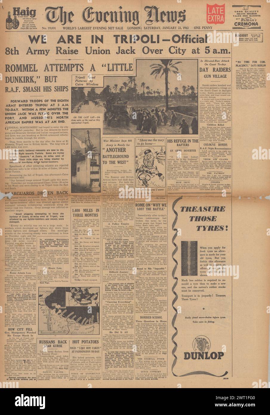 1943 The Evening News front page reporting Eighth Army capture Tripoli ...