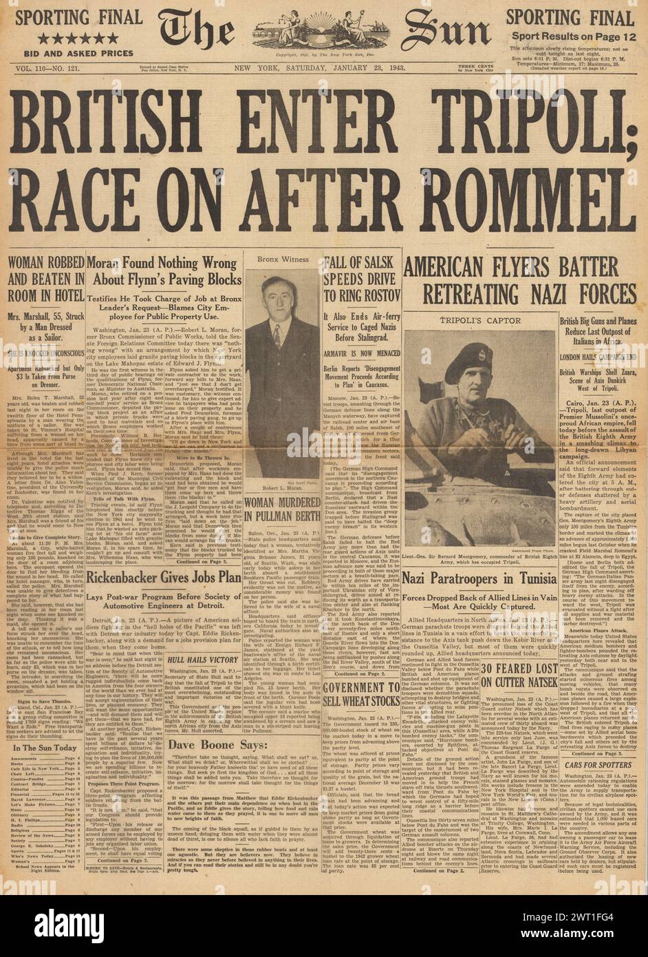 1943 The Sun front page reporting Eighth Army capture Tripoli Stock ...