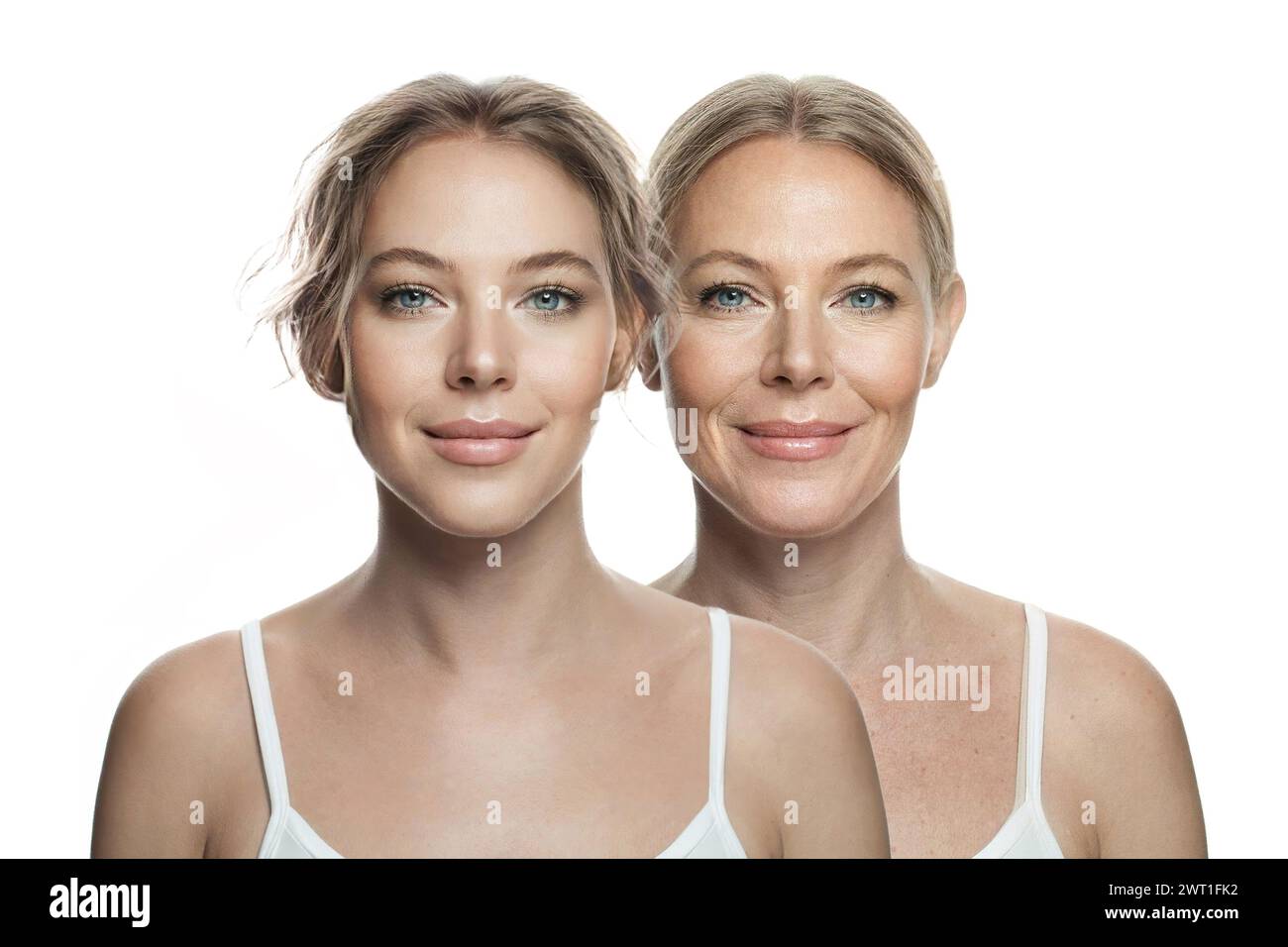 Mother and daughter. Generation. Young and senior women on white ...